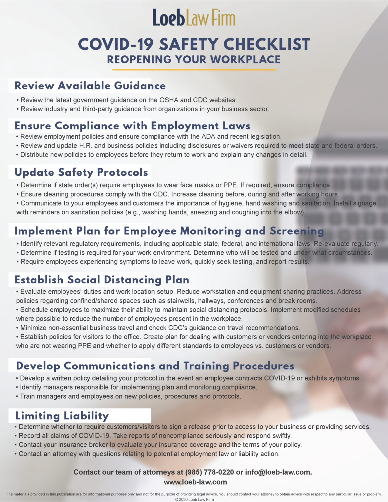 Reopening Your Workplace: Employer's COVID-19 Checklist - Loeb Law Firm
